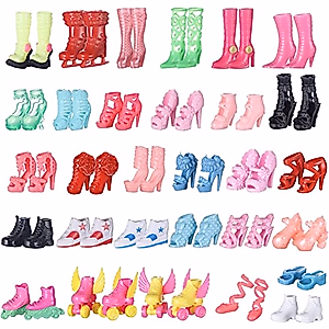 CheeseandU 30Pairs Shoes for Barbie Dolls Different Assorted Colors Fashionable Doll Shoes Replacement High Heel Shoes Doll Roller Skates Doll Boots Flat Shoes for for 12" Dolls