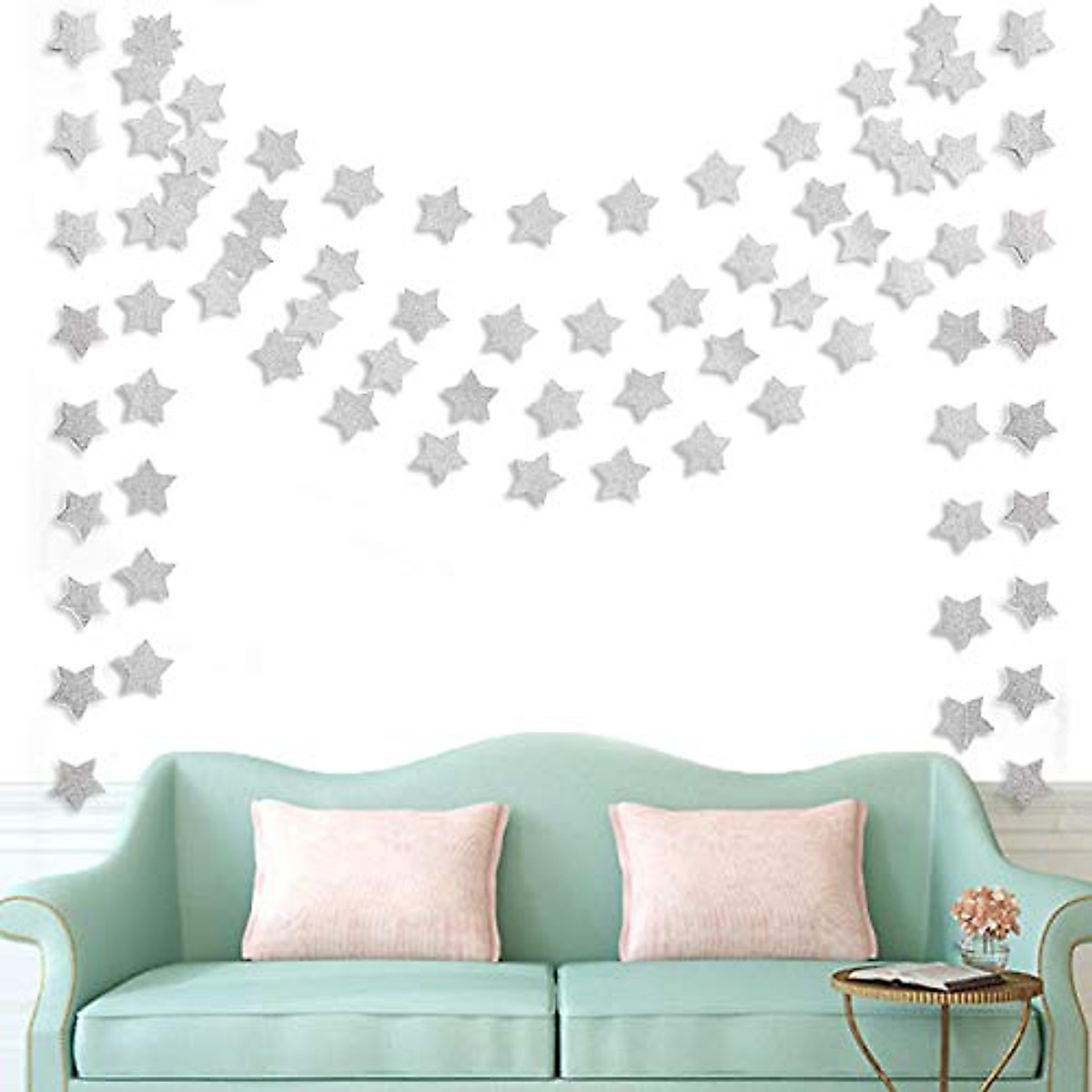 6 Pcs Glitter Silver Star Paper Garland (50 Feet), Christmas Birthday Party Decorations Sparkling Bunting Banner Hanging Decorations for Bridal Shower Baby Shower Bachelorette Party Wedding Holiday