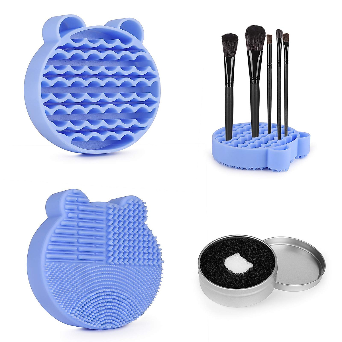 OMSM Brush Cleaning Mat+Color Removal Sponge，2 in 1 Silicone Brush Cleaning Mat with Holder for Storage&Air Dry Brushes,Clean Makeup Brushes Instantly-Blue