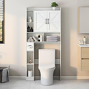 Over The Toilet Storage Cabinet, Farmhouse Storage Cabinet Over Toilet with 2 Barn Door & Toilet Paper Holder Stand，Home Space-Saving Toilet Rack, for Bathroom, Restroom, Laundry