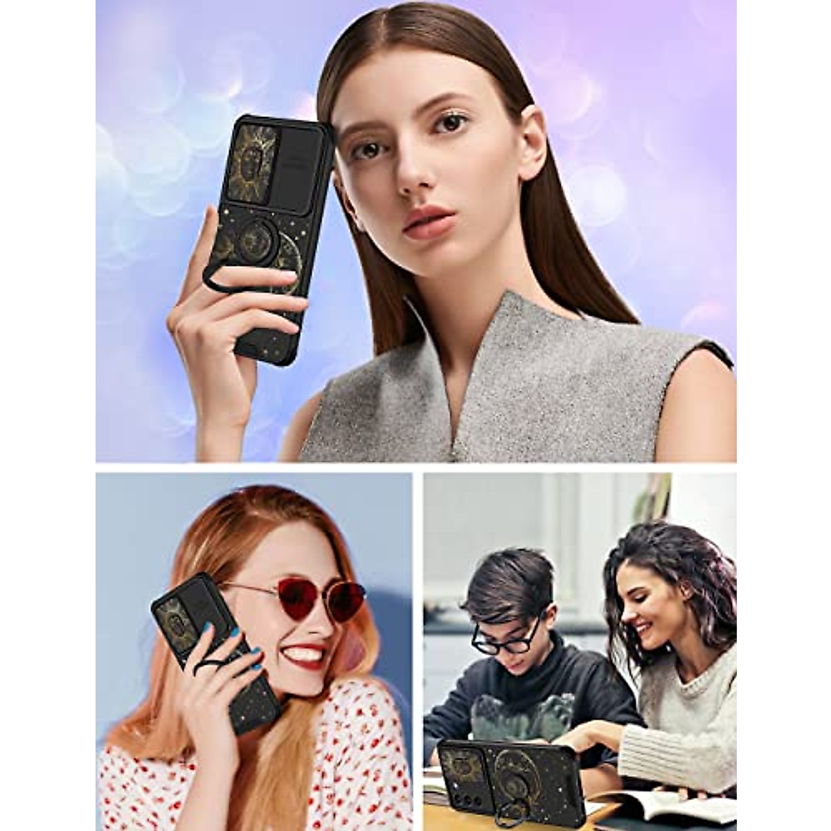 Goocrux (2in1 for Samsung Galaxy S21 Case Sun and Moon Stars for Women Girls Cute Space Phone Cover with Slide Camera Cover+Ring Holder Fashion Golden Print Design Cases for Galaxy S21 5G 6.2''