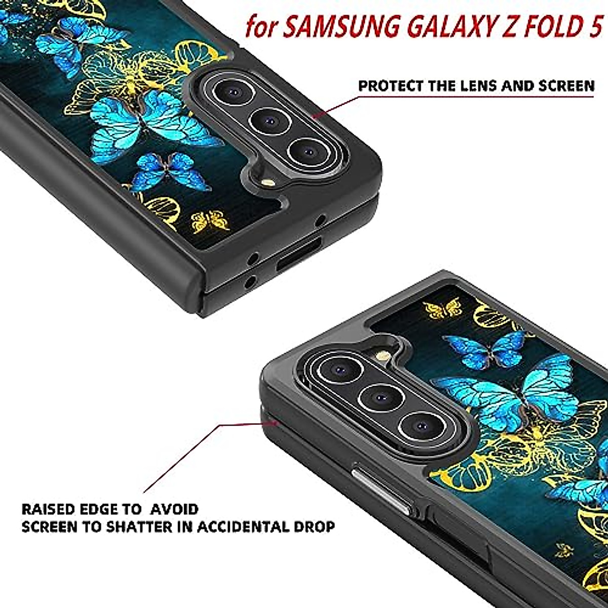NKase for Samsung Galaxy Z Fold 5 Case, Samsung Z Fold 5 Case Cute Hard Slim Cover Galaxy Z Fold 5 Case Shockproof Women Girls Men Protective Case for Galaxy Z Fold 5 5G Case, Gold/Blue Butterfly