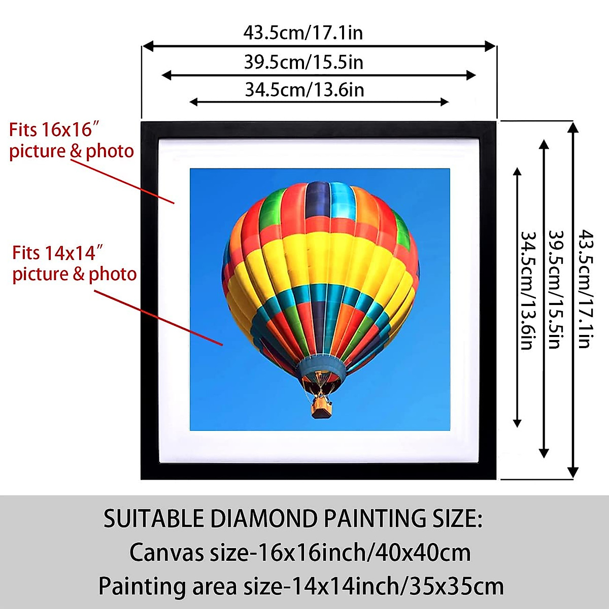 ZZFQXZ 16x16 Diamond Painting Picture Frame 40x40cm Diamond Art Frames, Display Pictures16x16inch/40x40cm Without Mat or 14x14inch/35x35cm With Mat, Diamond Painting Photo Frame Wood Black (ZK006)