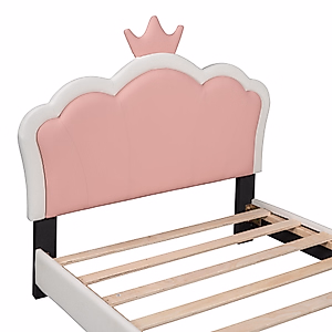 Upholstered Platform Bed, Pink Cute Cartoon Elements Princess Bed Fun Bed, Wood Twin Size Bed Frame with Crown Shaped Headboard, Kids Bedroom Furniture Cute Bed Upholstered Bed