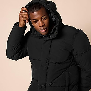 Amazon Essentials Men's Mid-Length Hooded Puffer Coat (Available in Big & Tall), Black, X-Large