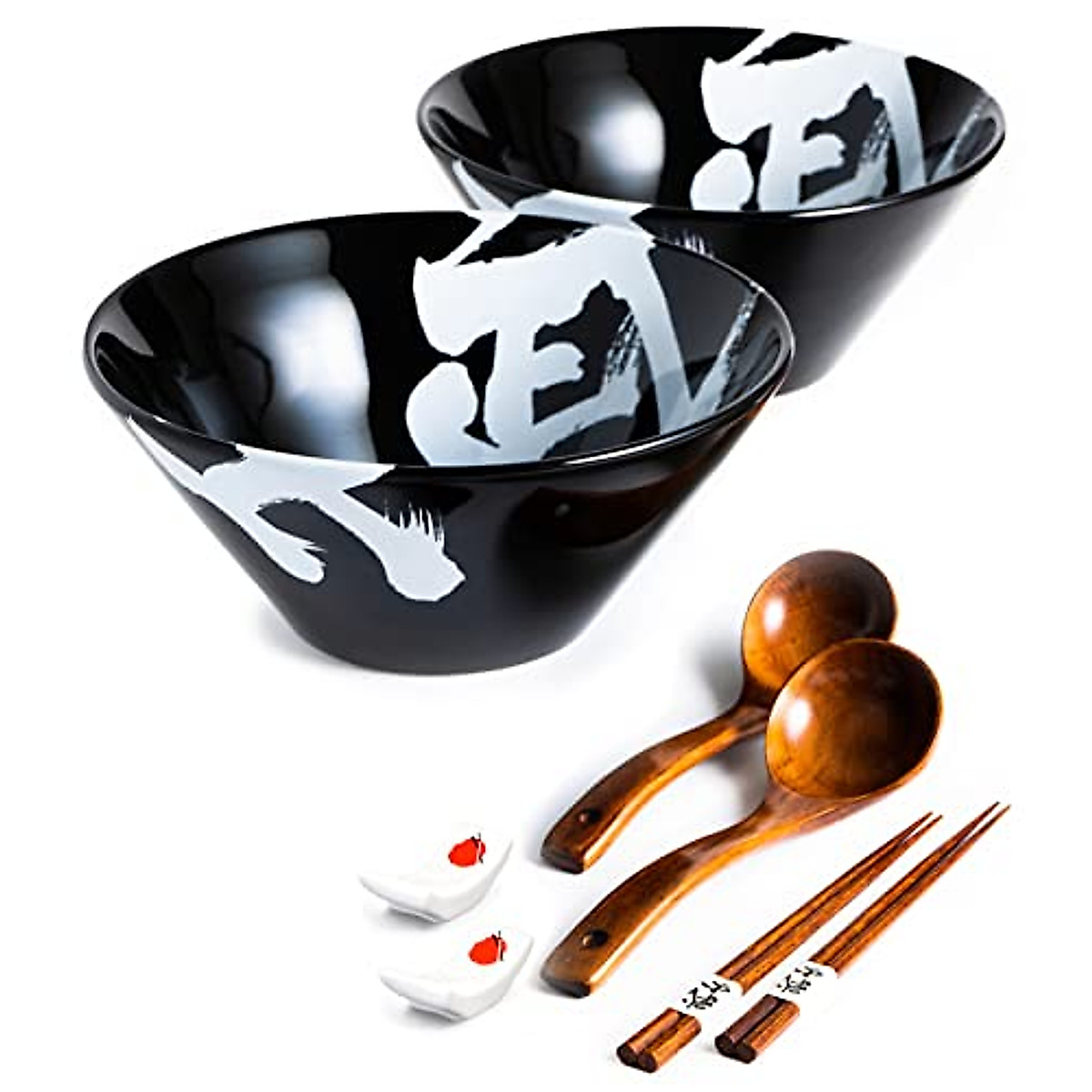 BICETTO Ceramic Japanese Ramen Bowl Set, 60oz Large Ramen Bowls with Chopsticks, Spoons and Chopstick Rests – Bowl for Ramen, Pho, Salad, Poke, Soup, Udon – Minimalist Design, Premium Quality, Black