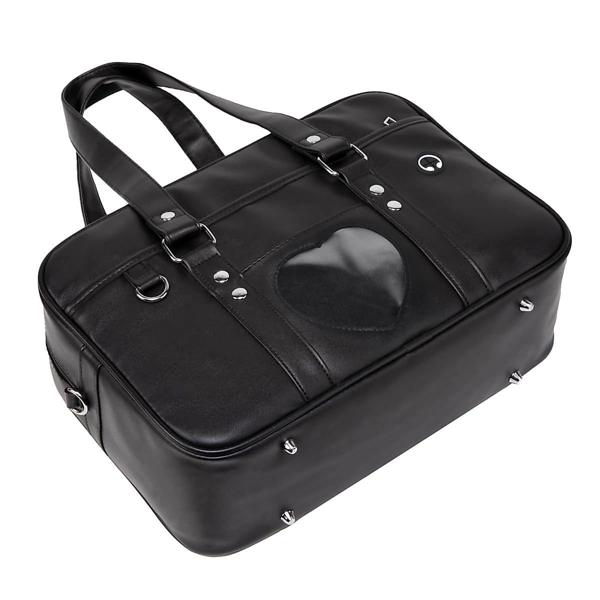 Chillpaper Large Japanese Shoulder Bag Kawaii Aesthetic Bookbag,Messenger Bag with Pink Pompom Stripe Strap (A3 Big Size,Black Heart Window Pocket)