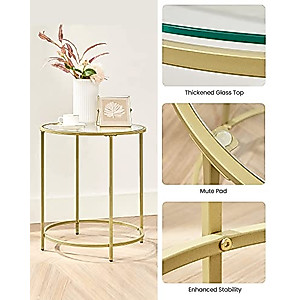 VASAGLE Round Side Table, Glass End Table with Metal Frame, Gold Coffee Table with Modern Style, for Living Room, Balcony, Bedroom, Gold Color