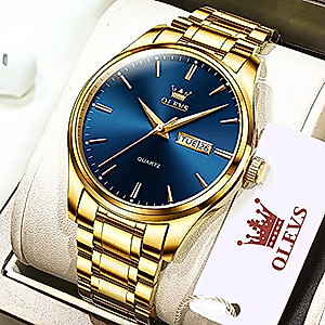 OLEVS Mens Gold Watches Analog Quartz Business Dress Watch Day Date Stainless Steel Classic Luxury Luminous Waterproof Casual Male Wrist Watches Blue Face