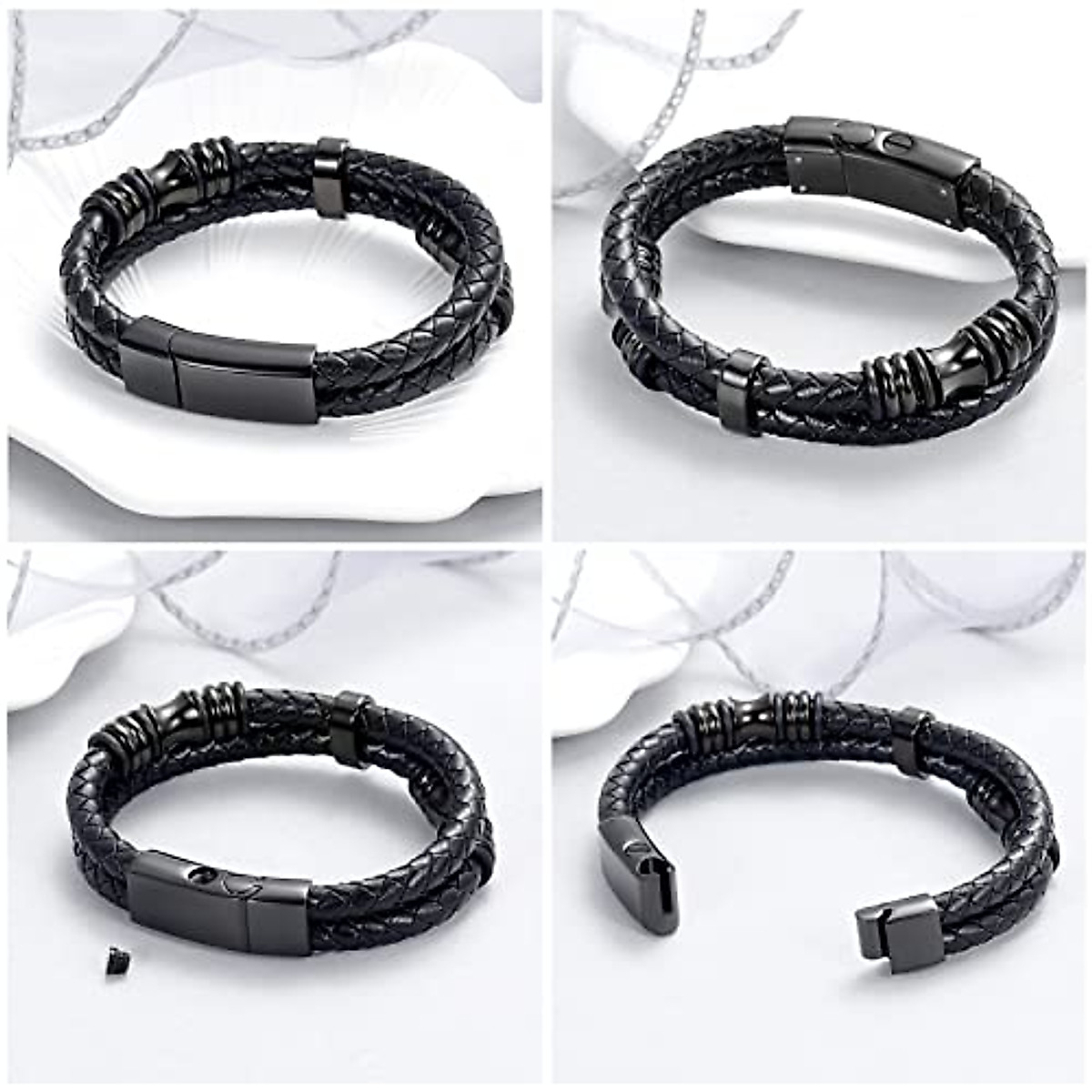 Minicremation Cremation Jewelry Urn Bracelet for Ashes Braided Leather Memorial Urn Bangle Ashes Holder for Men Women Keepsake Jewelry(Black 24cm)