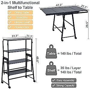 2-in-1 Convertible Shelf to Table with Wheels, Space Saving Storage Shelf or Dining Table, 4 Tier Shelving Unit Industrial Bookcase for Small Spaces, Kitchen, Dining Room and Living Room, Black