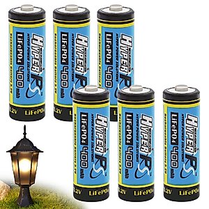 HYPERPS (6-Pack) 3.2V LiFePo4 14430 (14 x 43mm) 400mAh Rechargeable Battery for Solar Panel Light, Tooth Brush, Shaver, Flashlight