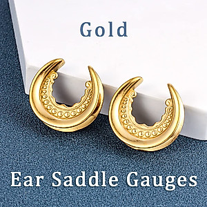 LADEMAYH 2Pcs 1 inch Gauges for Ears, Elegant Gold 25mm Gauges for Ears, Chic Design 1 inch Plugs for Ears Surgical Steel Saddle Plugs Tunnels Ear Gauges Earrings