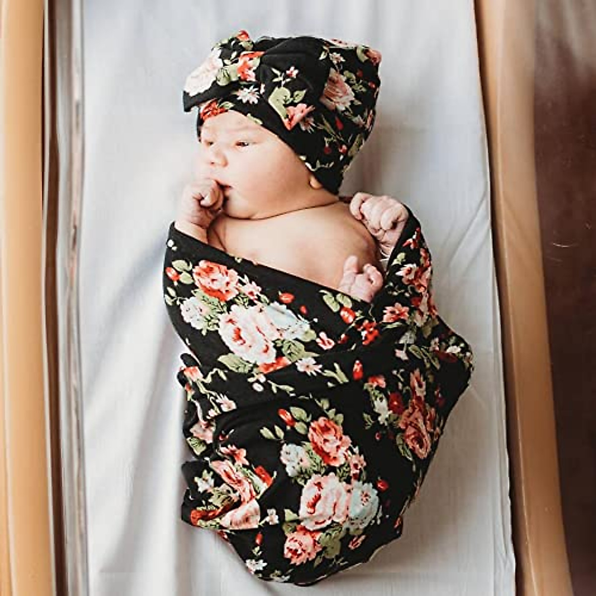 DRESHOW BQUBO Newborn Floral Receiving Blankets Newborn Baby Swaddling Hats Sleepsack Toddler Warm 3 Pack