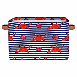 YoCosy Large Storage Baskets for Organizing Shelves Ocean Crab Navy Blue Stripe Nautical Foldable Cube Storage Bins with Handles Rectangle Fabric Closet Organizers for Home Toys Clothes, 1 Pack