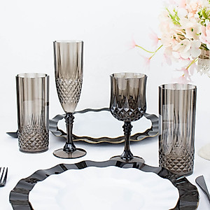 Efavormart 6 Pack | 8oz Black Crystal Cut Reusable Plastic Wine Glasses, Disposable Cocktail Goblets