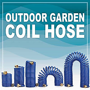 FangFarm Heavy-Duty EVA Coil Garden Hose with GHT Solid Brass Fittings, Water Hose with Brass Connectors, for Garden Lawn Watering, Car Washing (10FT, Blue)