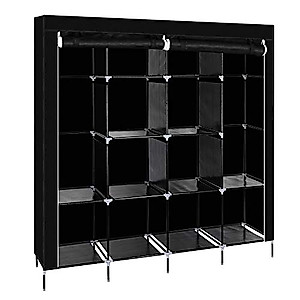 Knocbel 67" Tall Freestanding Closet Organzier Clothes Garment Rack Dustproof & Waterproof Fabric Cover with Storage Shelves 2 Hanging Rods & 4 Side Pockets (Black)