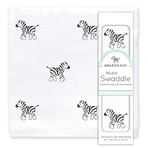 Amazing Baby - Sensory Muslin Swaddle Blanket, Premium Cotton, Zebra, Black and White for Baby Visual Development