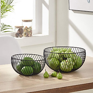 vocheer Metal Wire Fruit Basket, 2 Pcs Round Black Metal Bowl Vegetable Holder Decorative Stand for Bread, Snacks, Households Items Storage