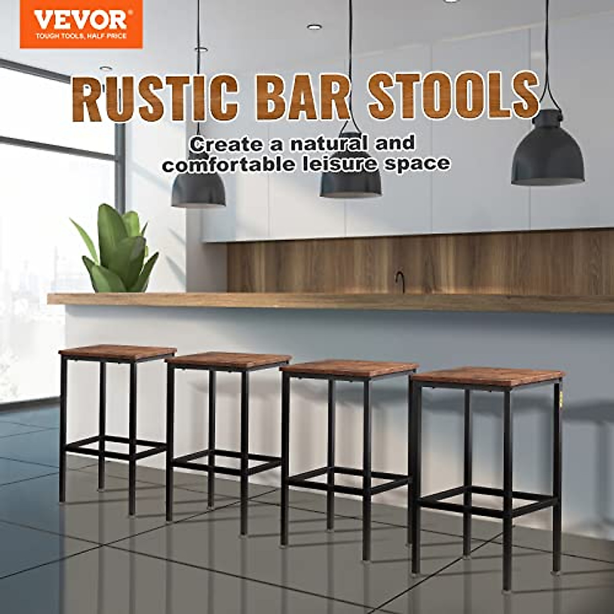 VEVOR Rustic Bar Stools, 25.6” Tall Rectangle Seat, Set of 2 Bar Chairs with Footrest Steel Frame Adjustable Feet, Wooden Industrial Kitchen Stool for Kitchen Dining Living Room, Rustic Brown