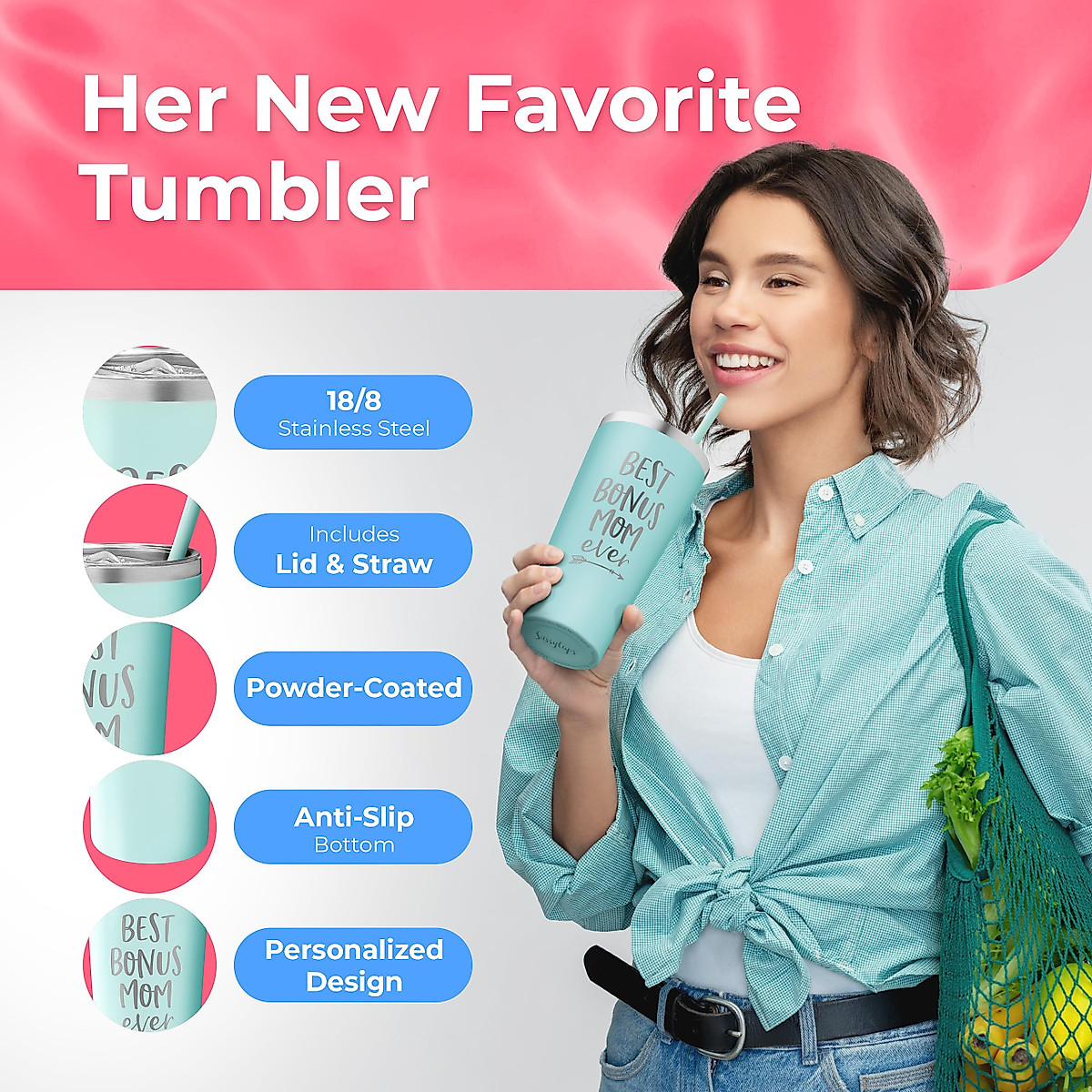 Best Bonus Mom Stainless Steel Coffee Mug with Insulated Travel Tumbler and Straw - Birthday Gift for Bonus Mom, Best Mom Ever, Friend, and Work Mom - Stepmom Travel Coffee Cup, Coffee Tumbler