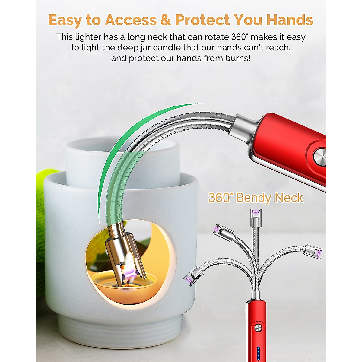 Candle Lighters 2 Pack Windproof Electric Lighters USB Rechargeable 360° Flexible Neck Long Lighter with Safety Lock Flameless Plasma Arc Lighter for Candle Grill Aromatherapy Camping (Black+Red)