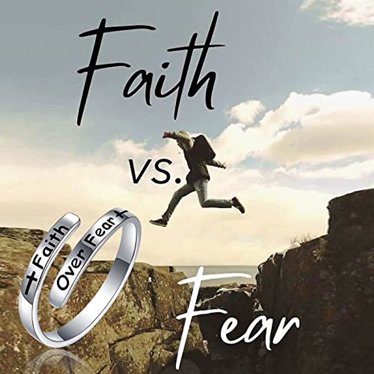 925 Sterling Silver Rings Inspirational Jewelry for Women Faith Cross Ring Gifts for Daughter Teen Girls Friend Faith Over Fear Wrap Open Ring Adjustable (Faith over fear)