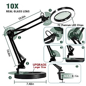 Nerefou Magnifying Glass with Light and Stand, 10X Magnifying Lamp, 2-in-1 Magnifying Desk Lamp with Clamp, 3 Color Mode, Magnifying Glasses with Light for Close Work (1st Generation Base ＆ Clamp)
