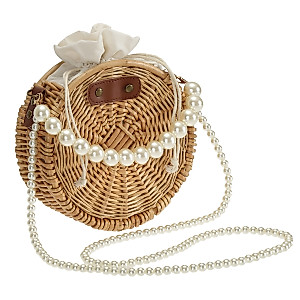 So'each Women Handmade Rattan Wicker Woven Artificial Pearl Circle Shoulder Bag