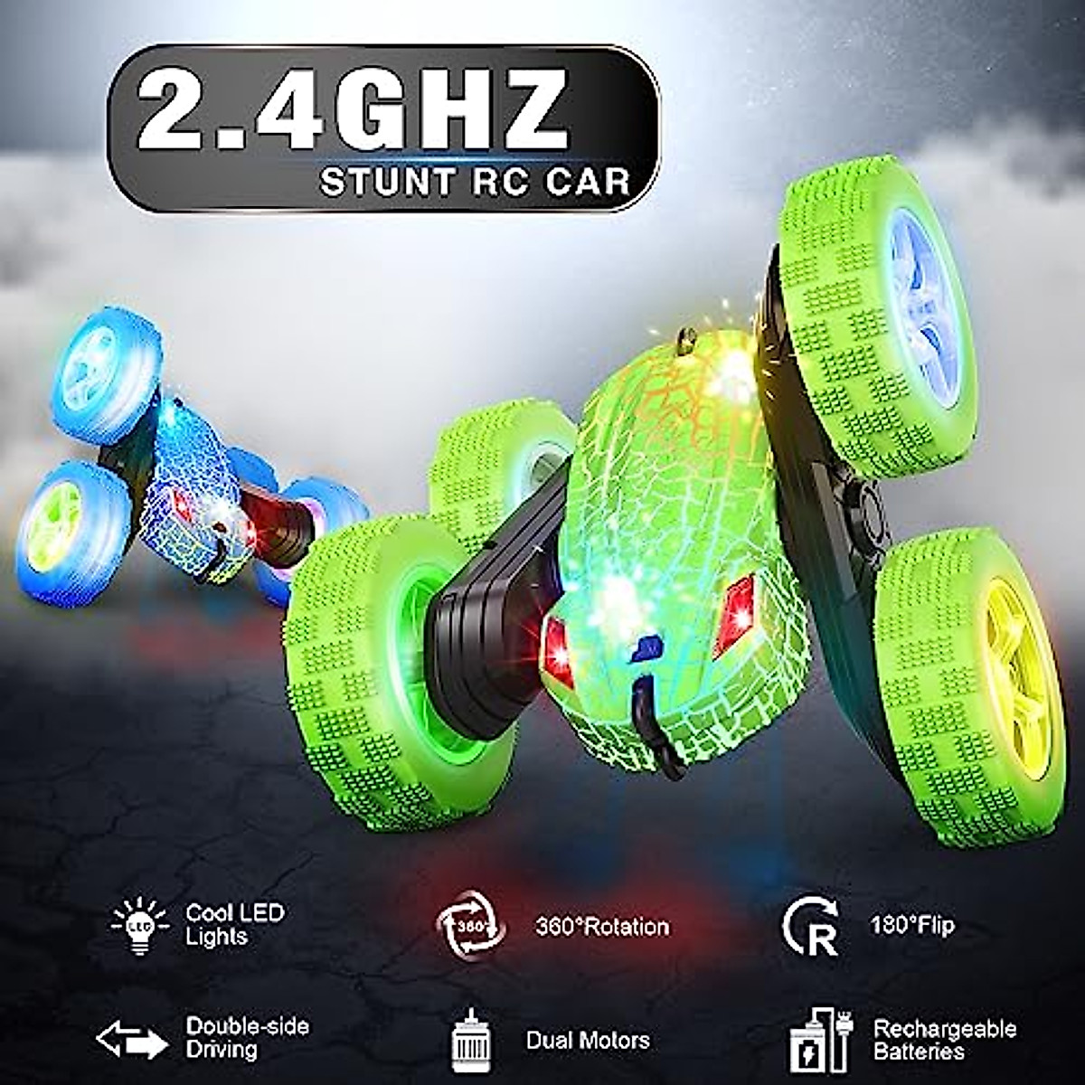 OrrenteRemote RC Cars, Remote Control Car with Wheel Lights and Headlights, Double Sided 360° Rotating RC Car, 4WD RC Truck for 6 Year Old Boy Gifts 2.4Ghz Stunt Kids Toy Car for Boys Girls (Green)