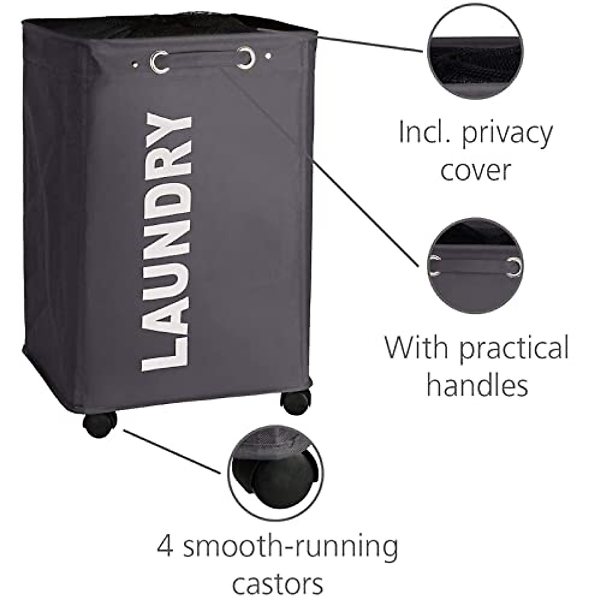 WENKO Quadro Laundry Basket with Wheels, Rolling Laundry Bin with Lid, Slim Laundry Hamper, Laundry Sorter, Clothes Storage, Grey, 15.7 x 23.6 x 13 inch