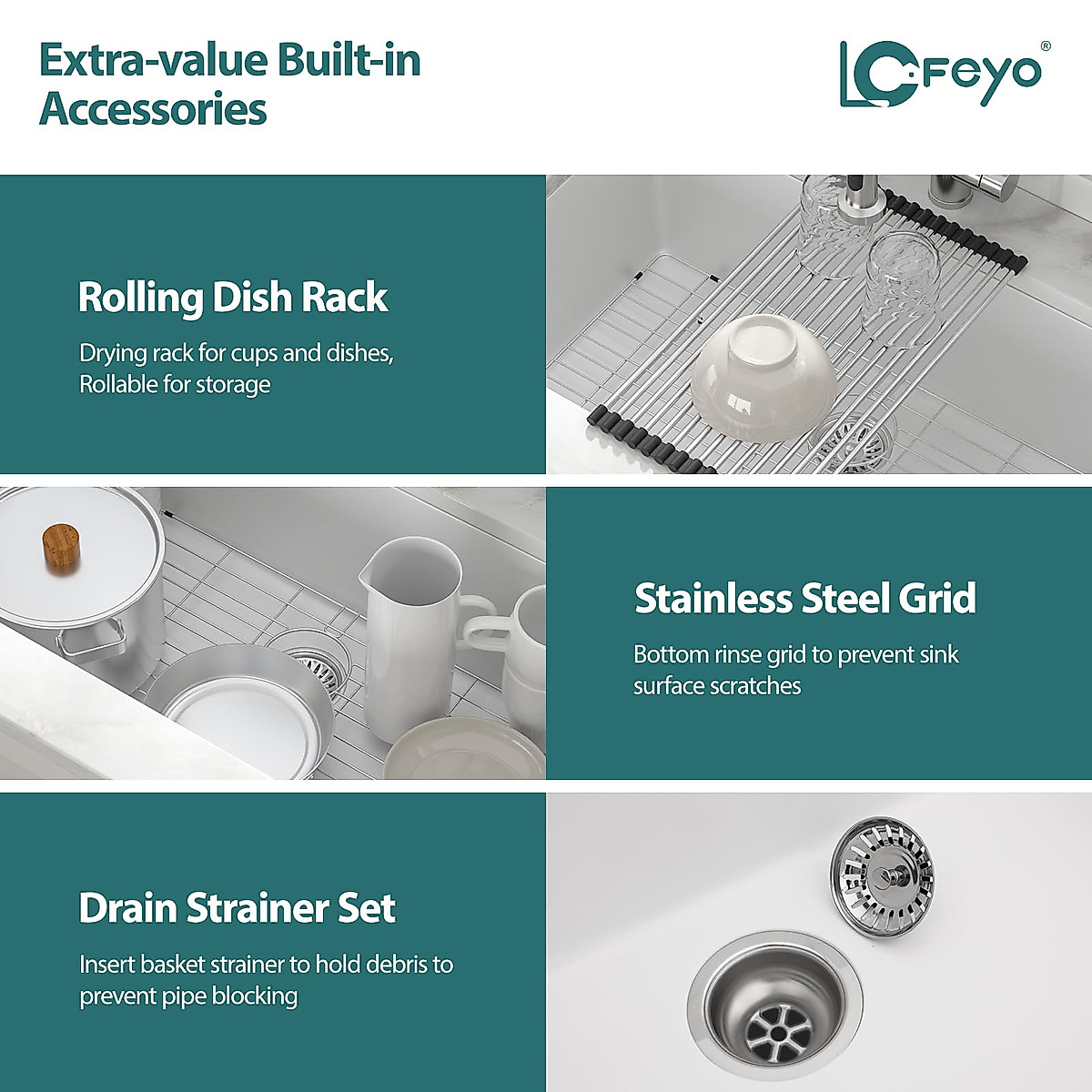 Lofeyo 33 Inch White Granite Composite Quartz Undermount Single Bowl Kitchen Sink Under Counter Contemporary Kitchen Deep Sink Basin 33"x19"