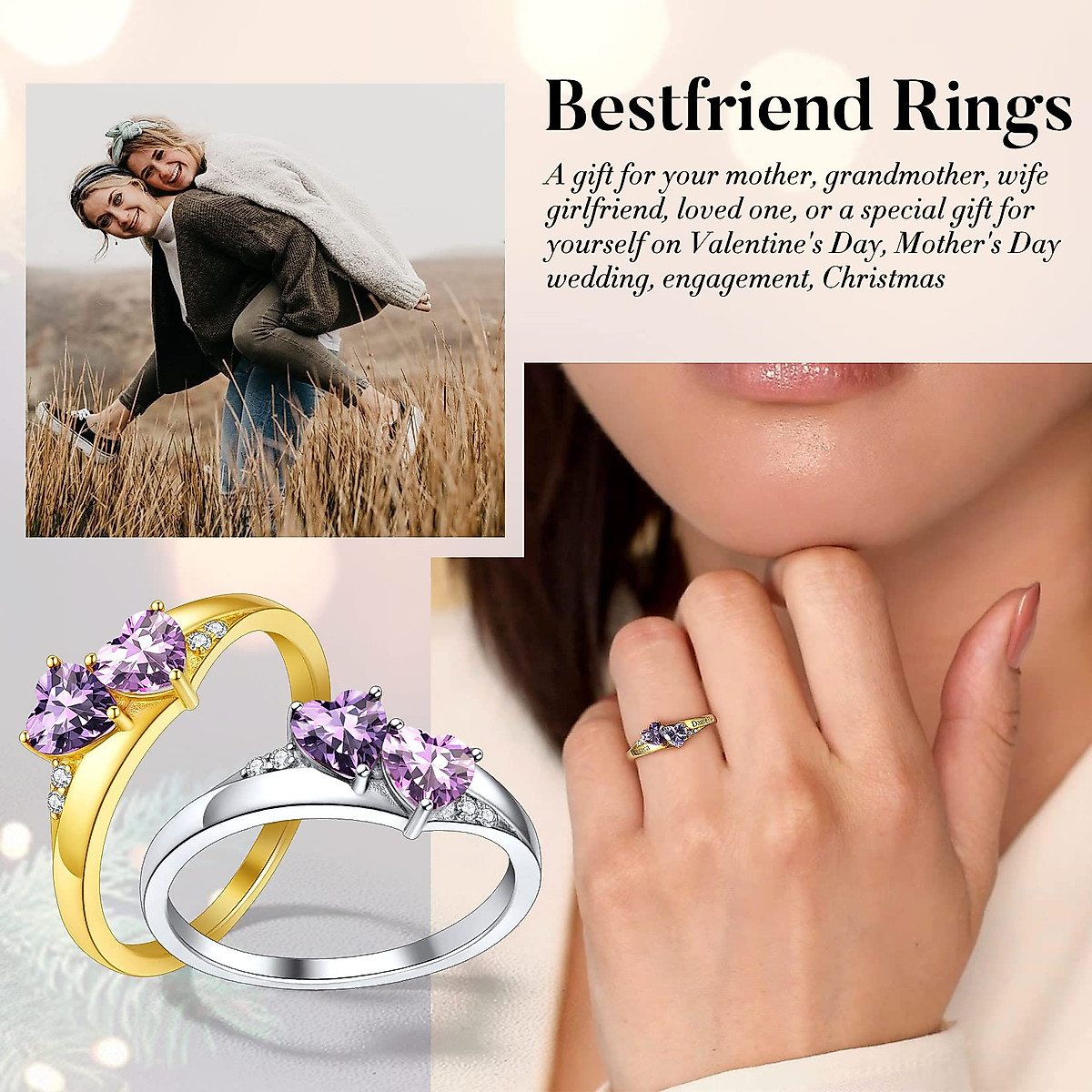 Suplight Custom Birthstone Ring 925 Sterling Silver Engagement Rings for Women Size 8