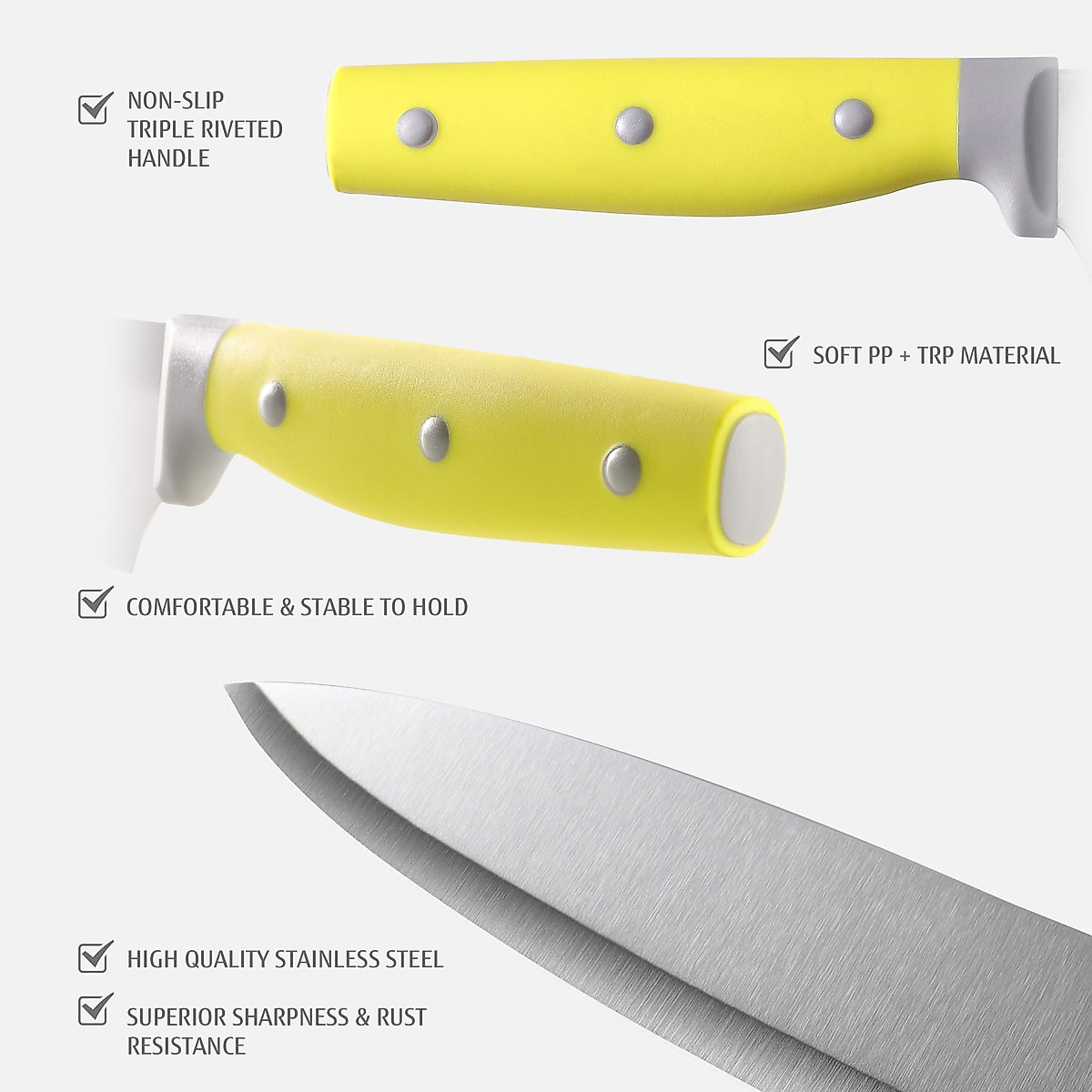 hecef Kitchen Knife Set with Magnetic Strip, 6 pcs Professional Knives Set for Kitchen, 13-inch Magnetic Strip Stainless Steel Sharp Chef Knife Set with Yellow Handle for Cutting Meat & Vegetable