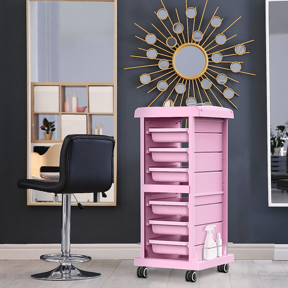 TASALON Salon Trolley Cart for Salon Station - Space Saving Salon Rolling Cart for Extra Storage - Hair Salon Beauty Cart - 6-Tray Salon Cart - Multipurpose Tool Cart - Tattoo Tray- Pink