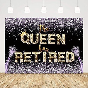 AIBIIN 7x5ft The Queen Has Retired Backdrop Happy Retirement for Woman Farewell Party Purple Black Gold Glitter Diamond Champagne Crown Background Officially Congrats Retire Decoration Banner Props