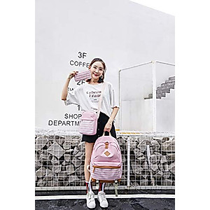 Gazigo Girls School Backpack Causal Canvas Stripe Backpack Cute Teen Backpacks For Girls School Bag (Pink)