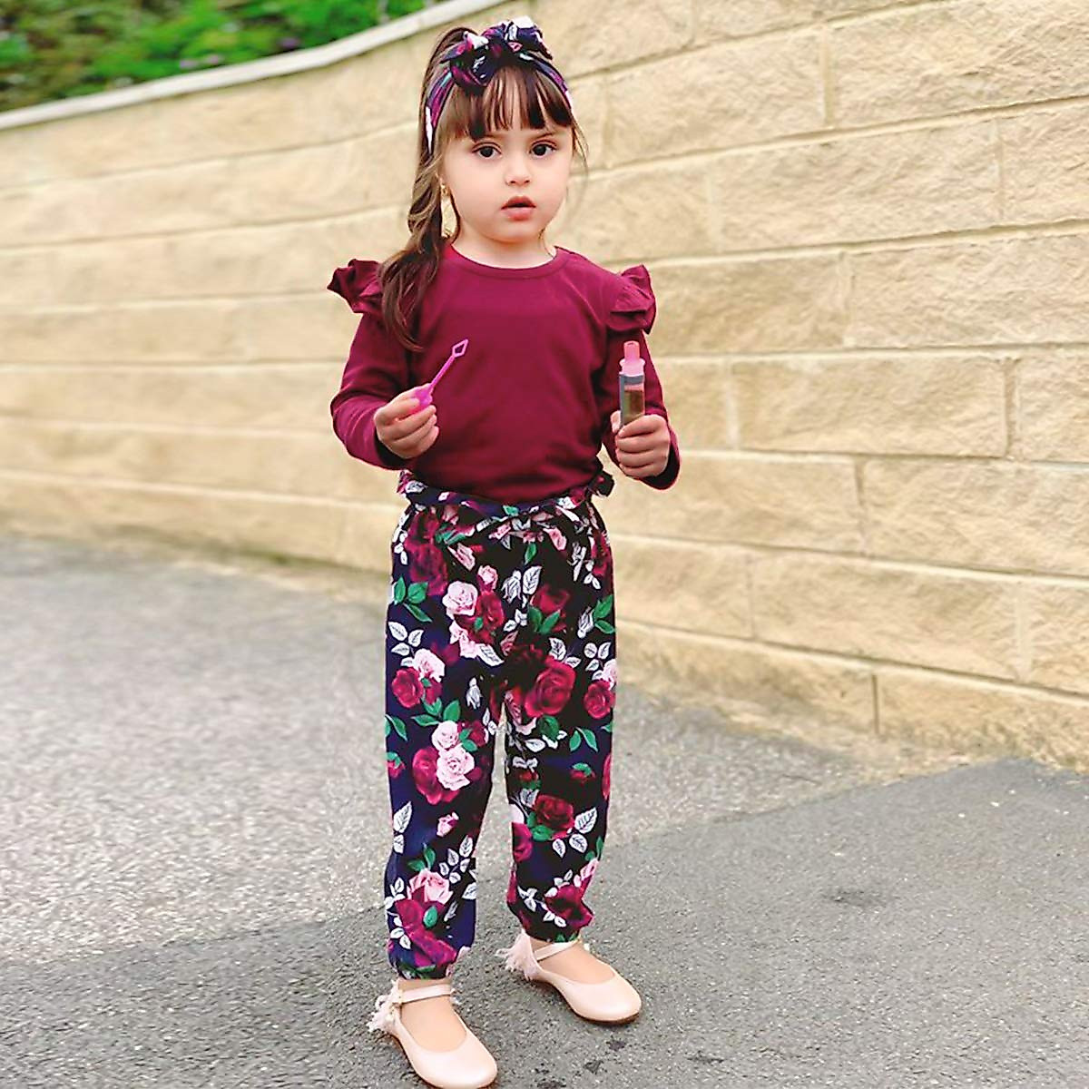 YALLET 3Pcs Toddler Girl Clothes,Solid Color Long Sleeves Ruffle Top+ Floral Pant +Floral Headband