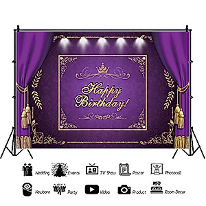 5x3FT Purple Happy Birthday Backdrop Purple and Gold Curtain Crown Floral Texture Decoration for Women Photography Background Party Decorations Banner Supplies Photo Booth Studio