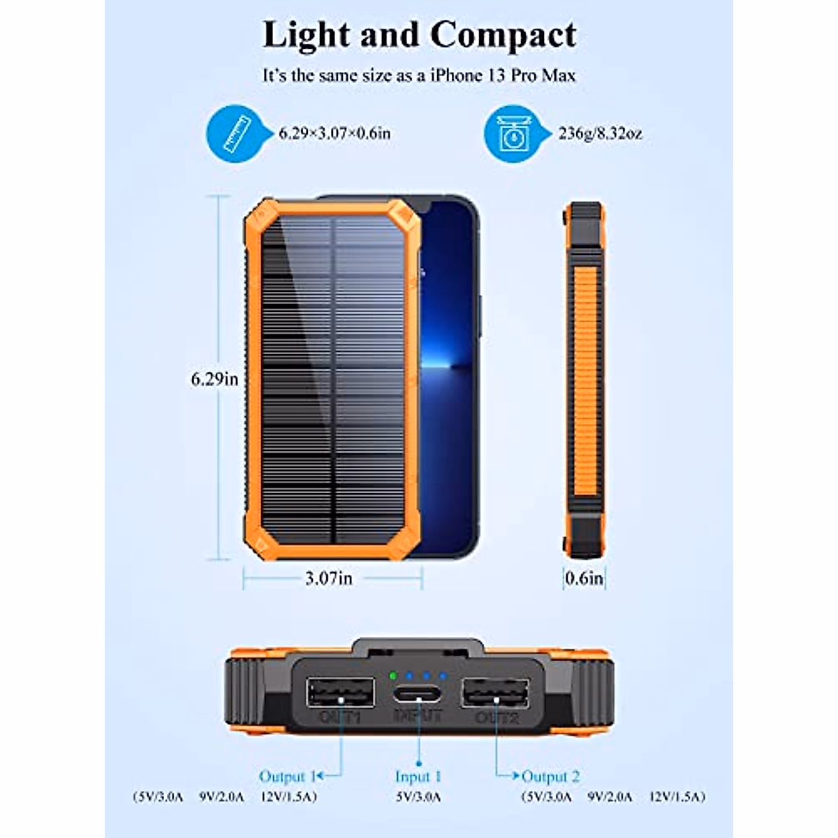 Power-Bank-Solar-Charger - 36000mAh Solar Power Bank, PD 20W Quick Charge,Drop-Proof Waterproof Dustproof Built-in LED Flashlight for iPhone, Tablet, Samsung and More USB Device(Orange)
