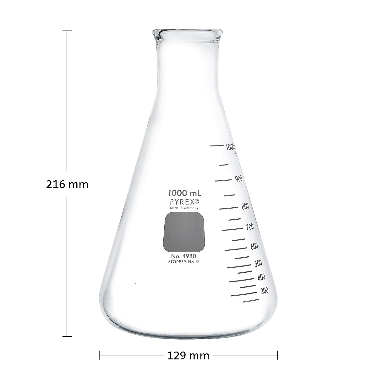 PYREX Narrow Mouth Erlenmeyer Flask with Heavy Duty Rim - Borosilicate Glass Flask – Premium Glass Chemistry Flask for Laboratory, Classroom or Home Use - PYREX Chemistry Glassware, 1L, 1/Pk