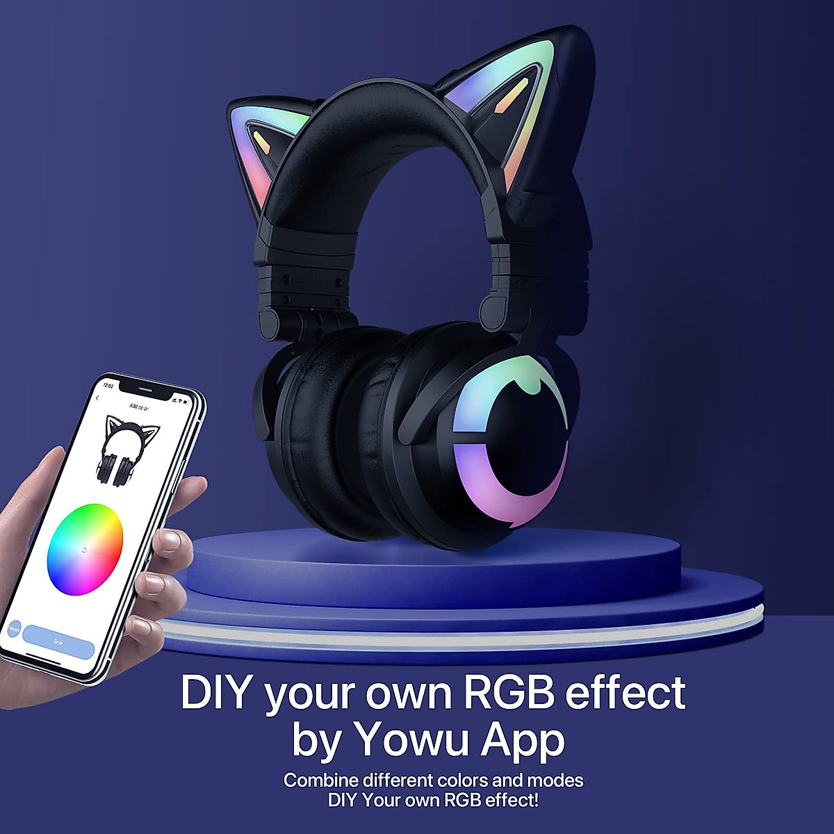 YOWU RGB Cat Ear Headphone 3G Wireless 5.0 Foldable Gaming Headset with 7.1 Surround Sound, Built-in Mic & Customizable Lighting and Effect via APP, Type-C Charging Audio Cable-Black