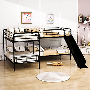Twin Size L-Shaped Bunk Bed with Slide for 4, Metal Twin Bunk Bed Frame with Ladder, Bedroom Living Room