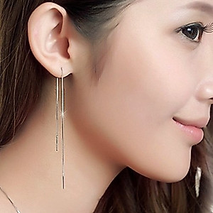A Pair 925 Sterling Silver Tassel Threader Drop Earrings Long Chain Ear Line (silvery)