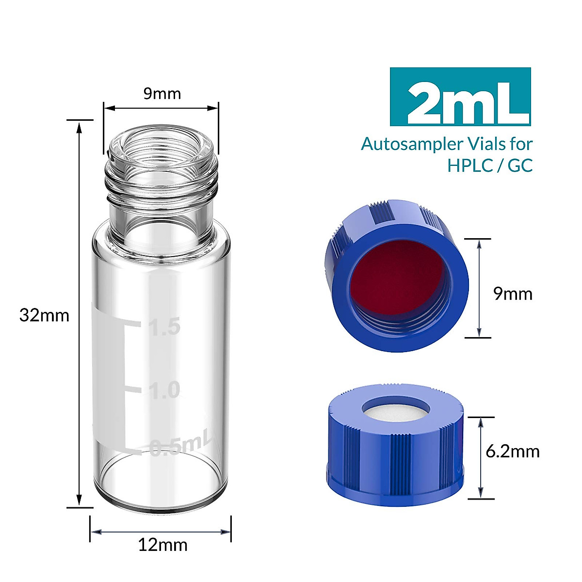 Membrane Solutions Autosampler Vials, 2ml HPLC Vials, 9-425 Lab Clear Vials with Write-on Spot and Graduations, 9mm Blue ABS Screw Caps & Septa for GC Sample Vials, 100 Pcs