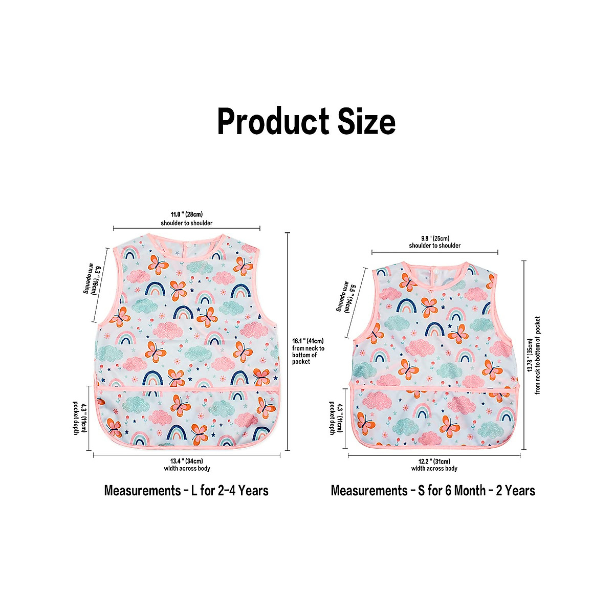 Mumsbest Waterproof Bibs for Baby Girl, 2 Pack Toddler Feeding Smock Bibs for Eating with Food Catcher & 1 Wet Bag (L：2-4Years, Pink)