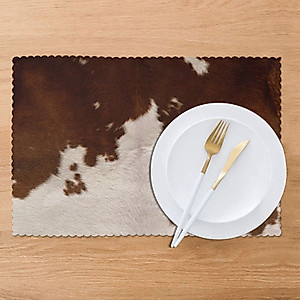 Red Brown Cowhide Placemats Set of 6, Rectangular Washable Placemats for Dining Table, Farmhouse Non-Slip Heat-Resistant Woven Table Mats Wipeable Thick Place Mats for Kitchen Party 12x18 Inch