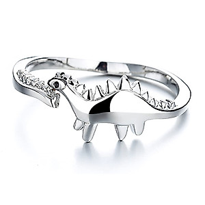 Silvery Dinosaur Open Band Ring for Women Man Fashion Punk Statement Expandable Adjustable Unisex Animal Dragon Stegosaurus Finger Rings Comfort Fit Dainty Birthday Jewelry for Friend