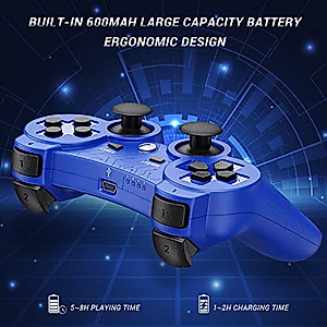 OKHAHA Controller for PS3 Controller Wireless for Sony Playstation 3 Controller, Double Shock 3, Rechargeable, Motion Sensor, Remote for PS3, 2 USB Charging Cords, 2 Pack, Stripes, Black + Blue